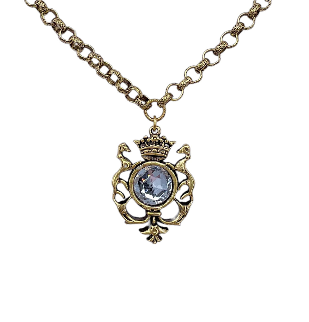 Gold plated 17" Chain with Repurposed Heraldic and vintage Swarovski c ...